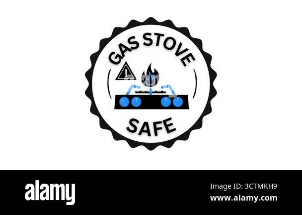 4K white screen footage of Gas Stove Safe stamp with flame icon, ideal ...