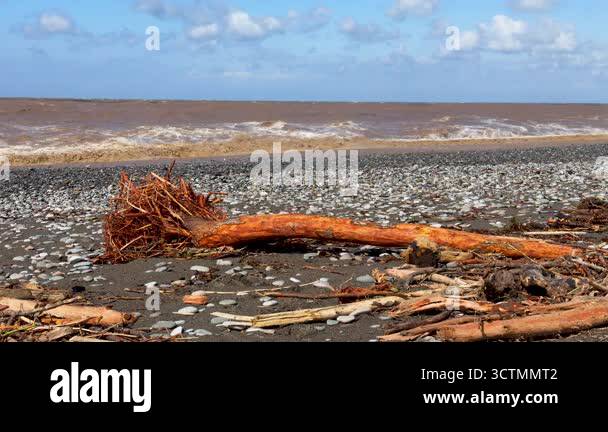 The aftermath of a heavy rain, flood and storm on a pebble beach ...