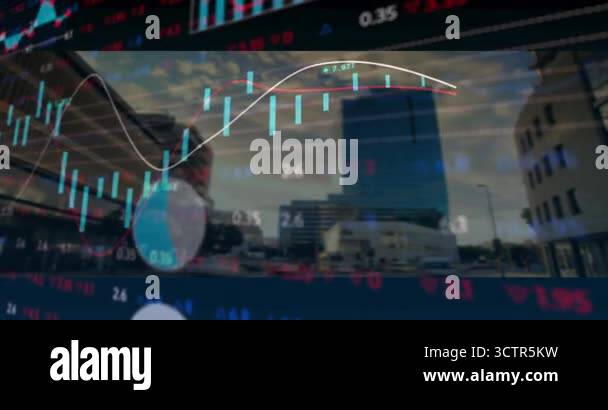 Dusk-lit street fading candlesticks rising trend lines animating gauges emerging visualizing ...