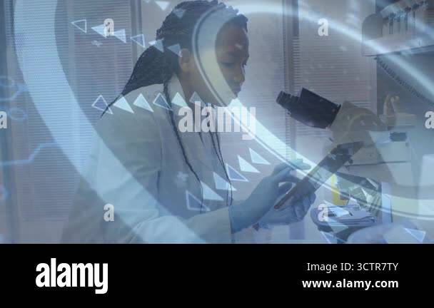 Scientist tapping tablet, initiating AR overlay and examining ...