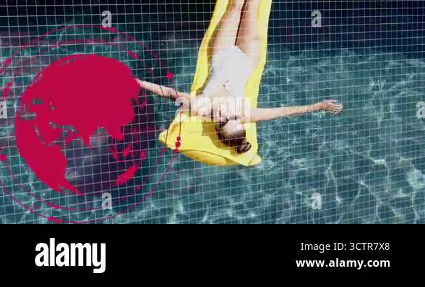 Woman lying on yellow float in pool with red grid fading and animating ...