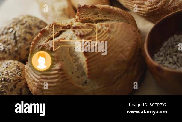 Close-up revealing golden avatar fading over bread, bubble growing ...