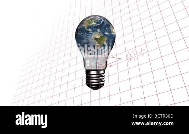 At start Earth-textured 3D bulb floating above grid while red equations ...