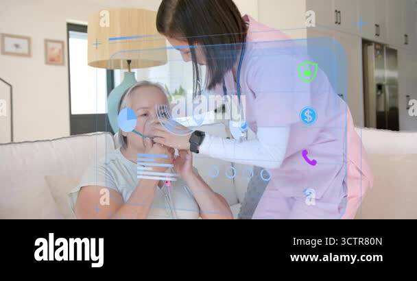 Nurse retrieving mask and hooking tube, patient inhaling as transparent ...
