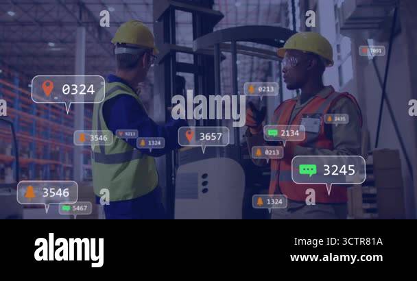 Warehouse operators gesturing at forklift, displaying pins and chat ...