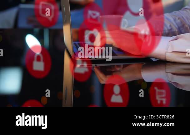 Animation of technology icons over hands of caucasian man typing on keyboard. global business ...