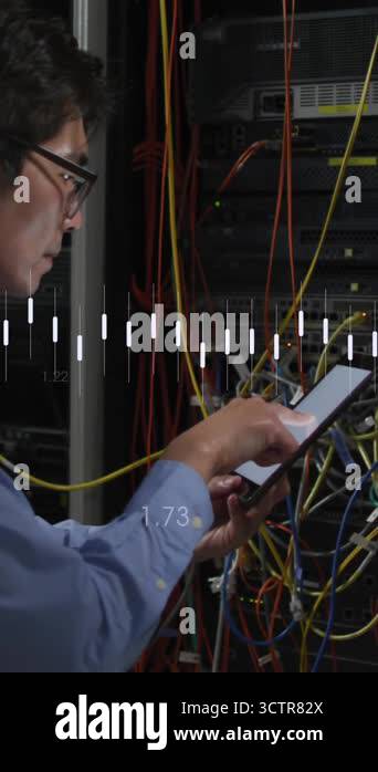 Animation of data processing over man using tablet in server room ...