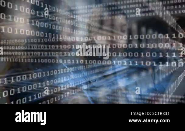 Three professionals consulting tablet while binary overlay driving real-time data analysis ...