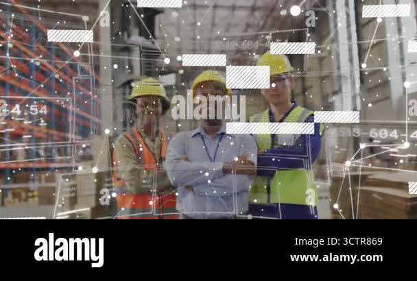 warehouse supervisors beside racks, nodes fading initiating bars ...