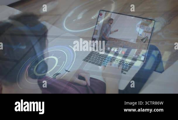 Student clicking join button on laptop initiating lesson with teacher ...