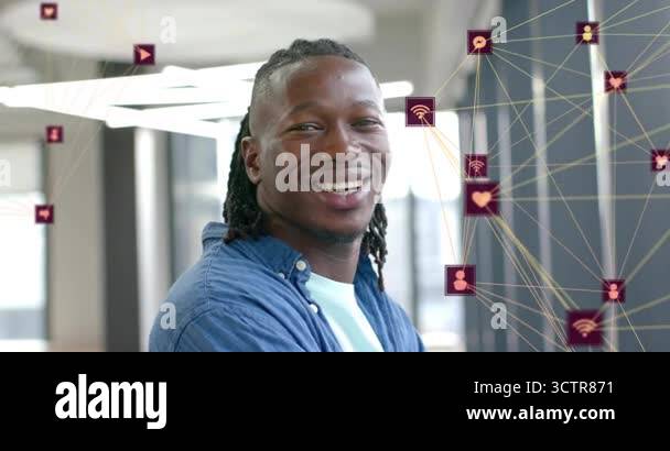 Woman tapping tablet showing animated network icons while team ...