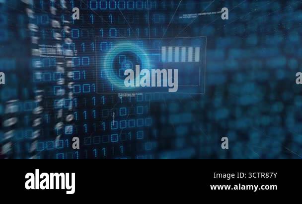 Camera gliding initiating holographic UI emerging forming charts code ...