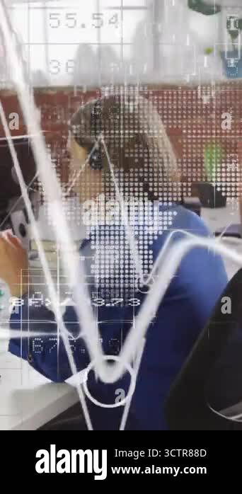 Animation of graphs, numbers, blockchain, woman talking on headphone ...