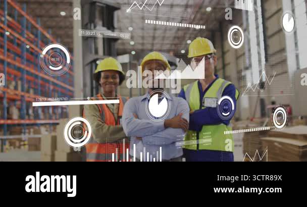 Construction team upon app launch monitoring animated pie charts and line graphs tracking ...