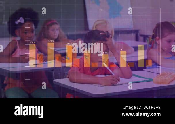 Five children writing at desks while bar graphs and line graph ...