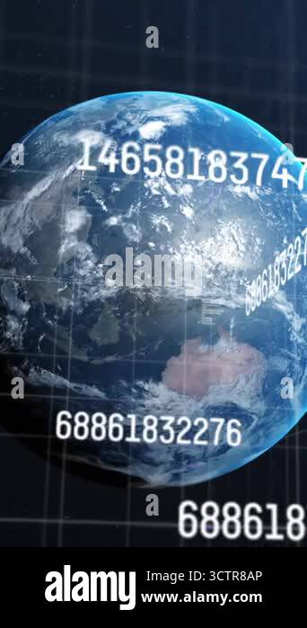 Animation of numbers changing over earth in universe over grid on blue ...