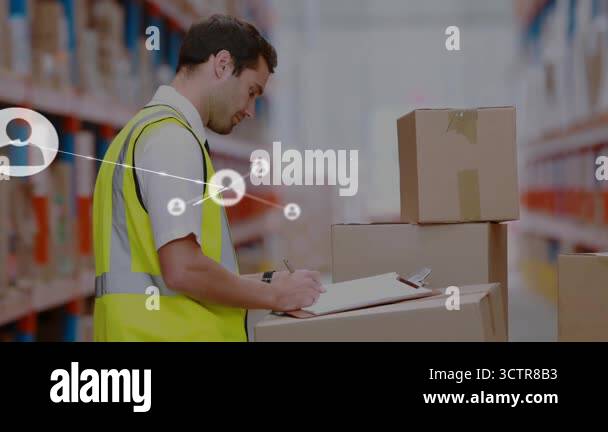 Warehouse worker reviewing orders on clipboard and spawning icons ...