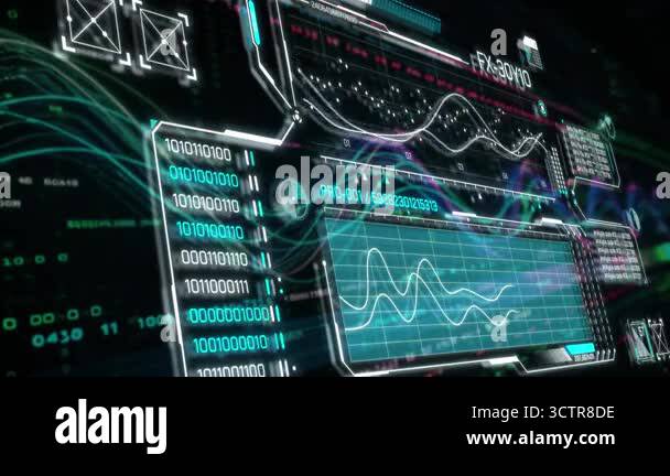 Futuristic interface showcasing data analysis with charts, binary code ...