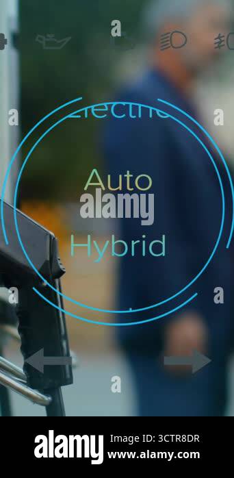 Animation of hybrid car driver interface screen over caucasian man and ...