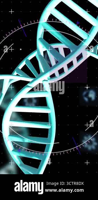 Animation of dna strands spinning with data processing over black ...