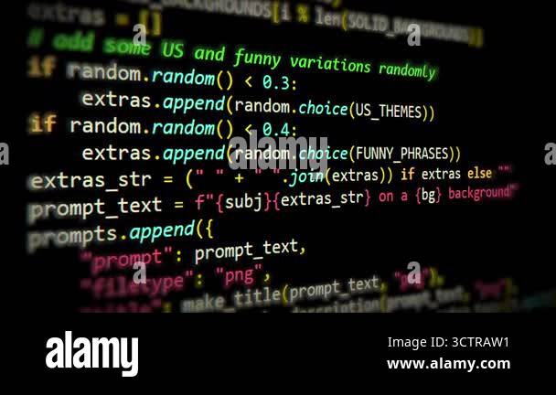 A seamless colorful code scrolling on the black backdrop close up, 4k animation. Programming ...