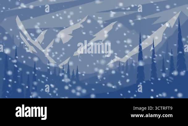Animated background with mountains in snowy winter. Snowfall in a ...