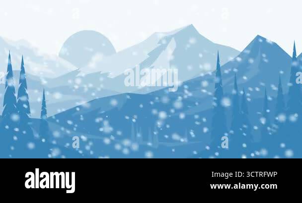 Animated background with mountains in snowy winter. Snowfall in a ...