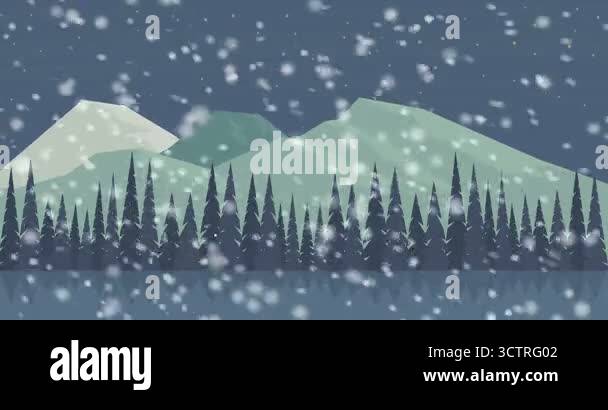 Animated background with mountains in snowy winter. Snowfall in a ...