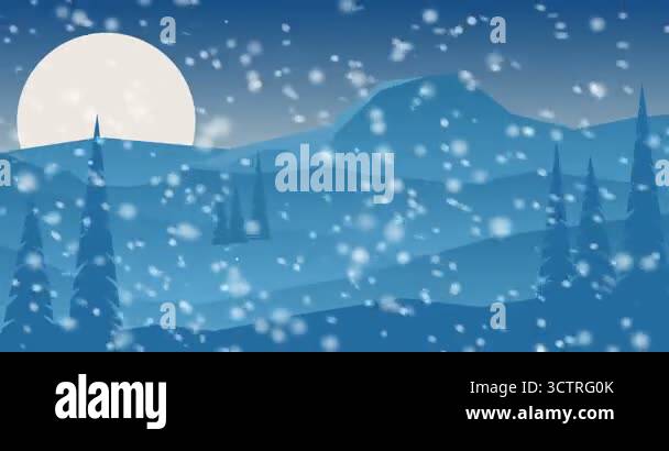 Animated background with mountains in snowy winter. Snowfall in a ...