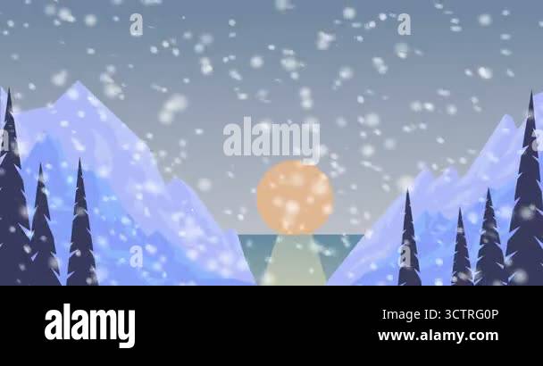 Animated background with mountains in snowy winter. Snowfall in a ...