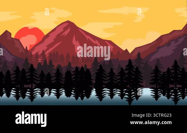 Animated cartoon background. Looped animation of mountain landscape ...