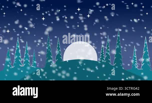 Animated background with mountains in snowy winter. Snowfall in a ...