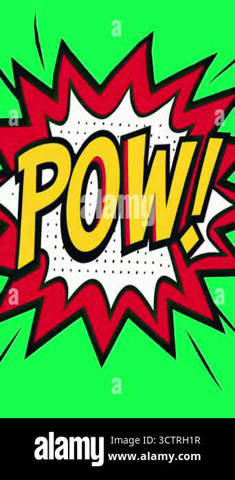 vertical Animated 'POW!' comic book explosion text effect on a green ...