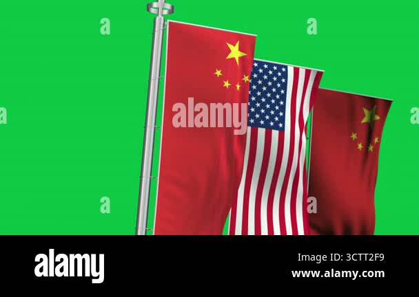 China and USA flags side by side isolated on green background. Seamless ...