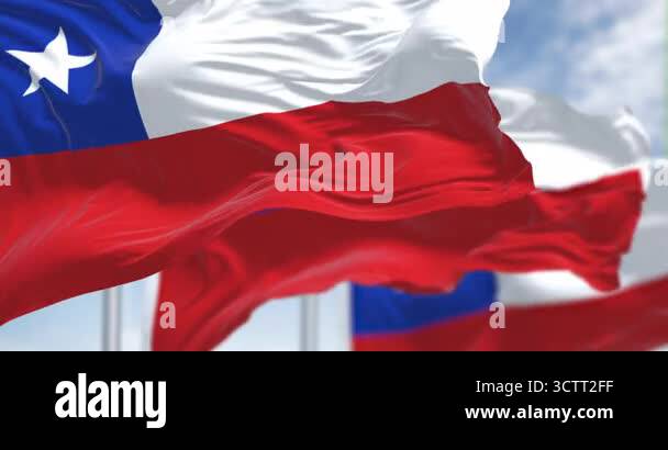 Detailed close-up of a Chilean flag waving, showcasing its red, white ...