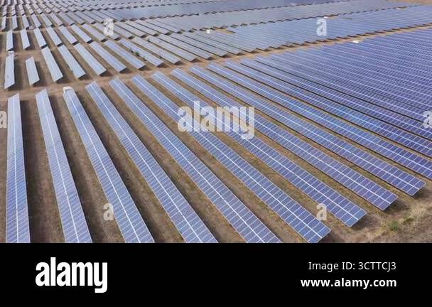 Aerial view to a solar panels in solar park near to Burgas, Bulgaria ...