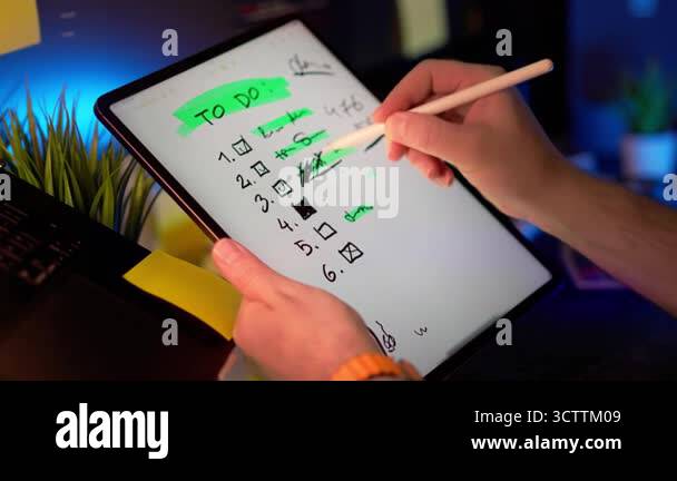 Digital Tablet Checklist Editing Productivity Plan Close-up of hands ...