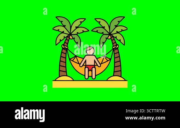Tropical beach hammock with man relaxing animation for summer holiday ...