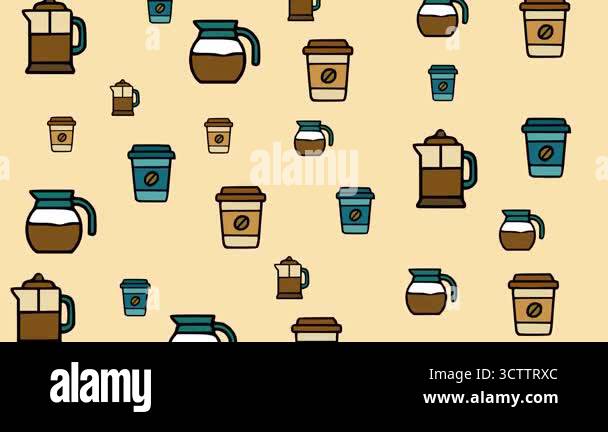 Playful beverage animation featuring various coffee cups and pots ...