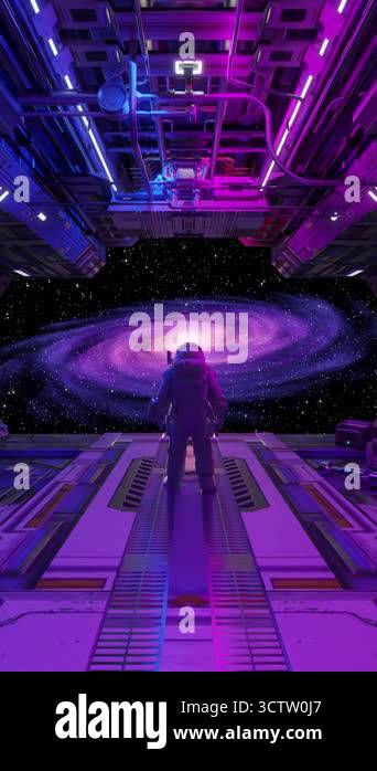 Lone astronaut stands on space station, gazing at breathtaking spiral galaxy in vastness of ...
