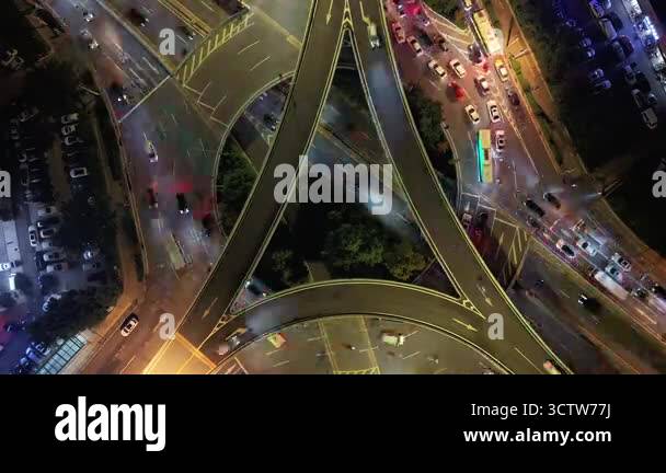 An aerial view of a Chinese roundabout interchange with a large volume ...