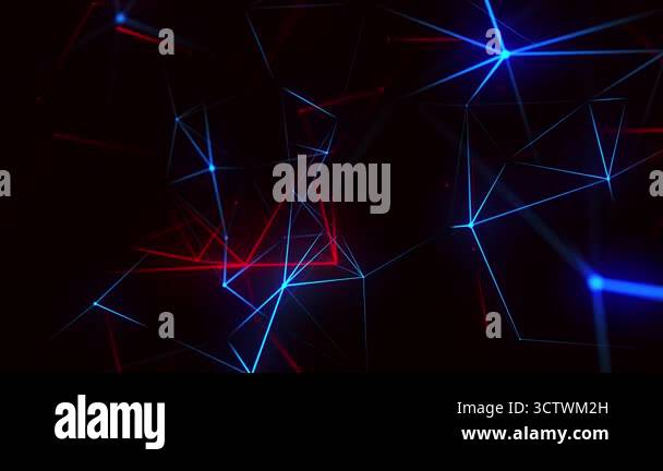 Animation of bright red and blue lines form an abstract network on a dark background. The ...