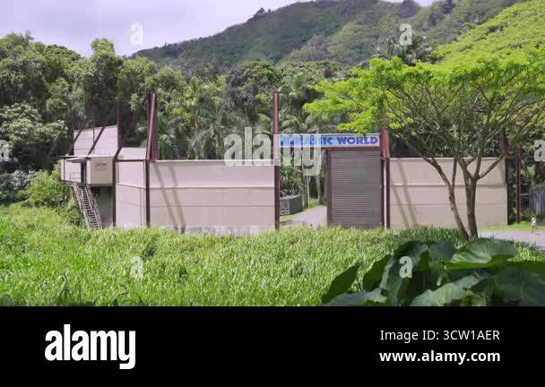 Jurassic World gate at Kualoa Ranch, Hawaii, filmed on July 15, 2025 ...