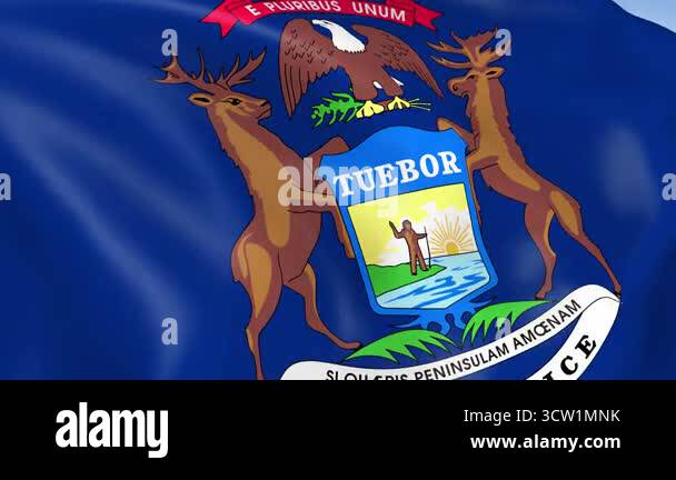 Photo realistic slow motion 4KHD flag of the US State of Michigan ...