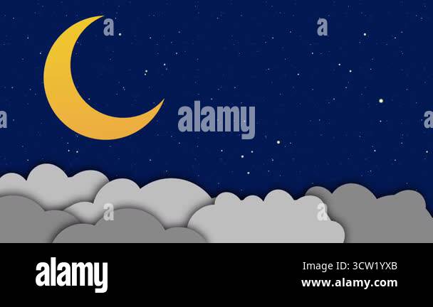 Animated cartoon night sky with a paper cut-out style. A yellow ...