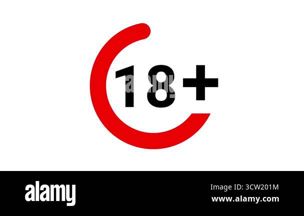 Animated 18+ age restriction symbol. Black text appears, followed by a ...