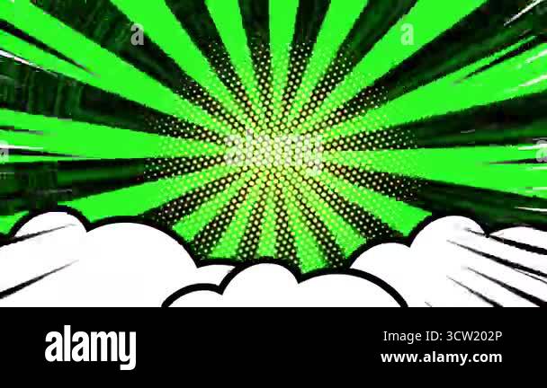 Rotating comic book action background with cartoon clouds. Green and ...