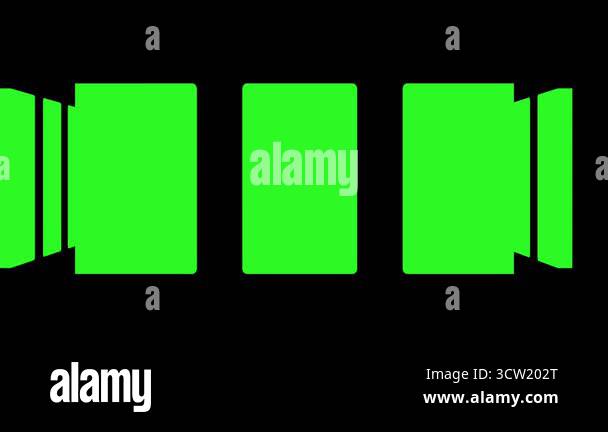 3D animation of green rectangular panels sliding horizontally on a black background. Minimalist ...