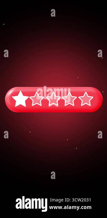 3D animation of a glossy red rating bar with five stars. Two out of ...