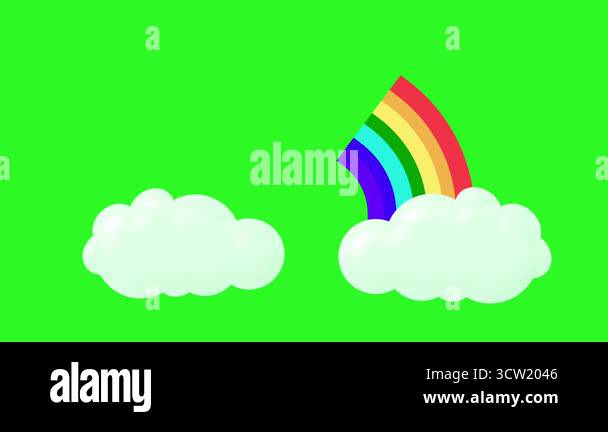 Animated cartoon rainbow appearing between two white clouds. 3D graphic ...